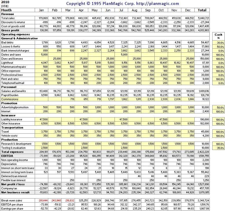 Online Business Plan Income Statement Forecast